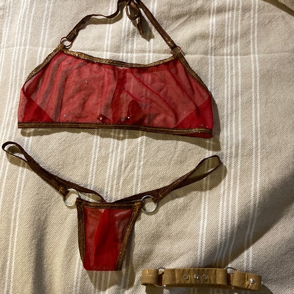 Swim | Red And Gold Sheer Thong Sexy Bikini Set | Poshmark
